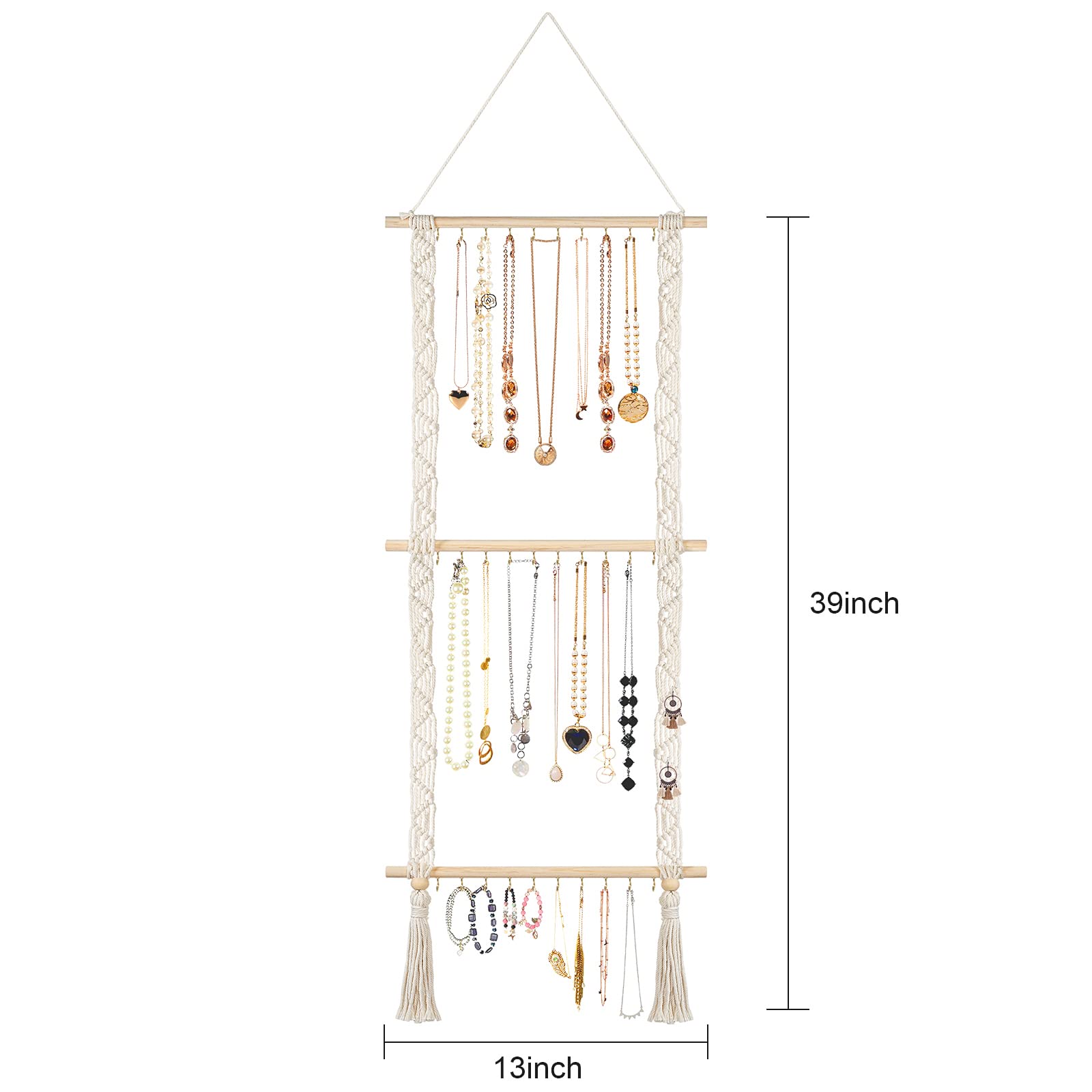 Grathia Hanging Jewelry Organizer Macrame Necklace Holder with 30 Hooks, Wall Mounted Necklace Rack, Necklace Hanger with Tassel for Necklaces Bracelet Earrings (Beige)