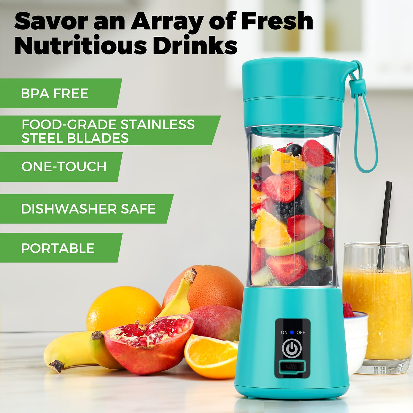 Personal Blender for Shakes and Smoothies, USB Rechargeable Shaker, Portable Juicer with Six Cutters, 380ML Juice Bottle for Travel Gym(Teal)