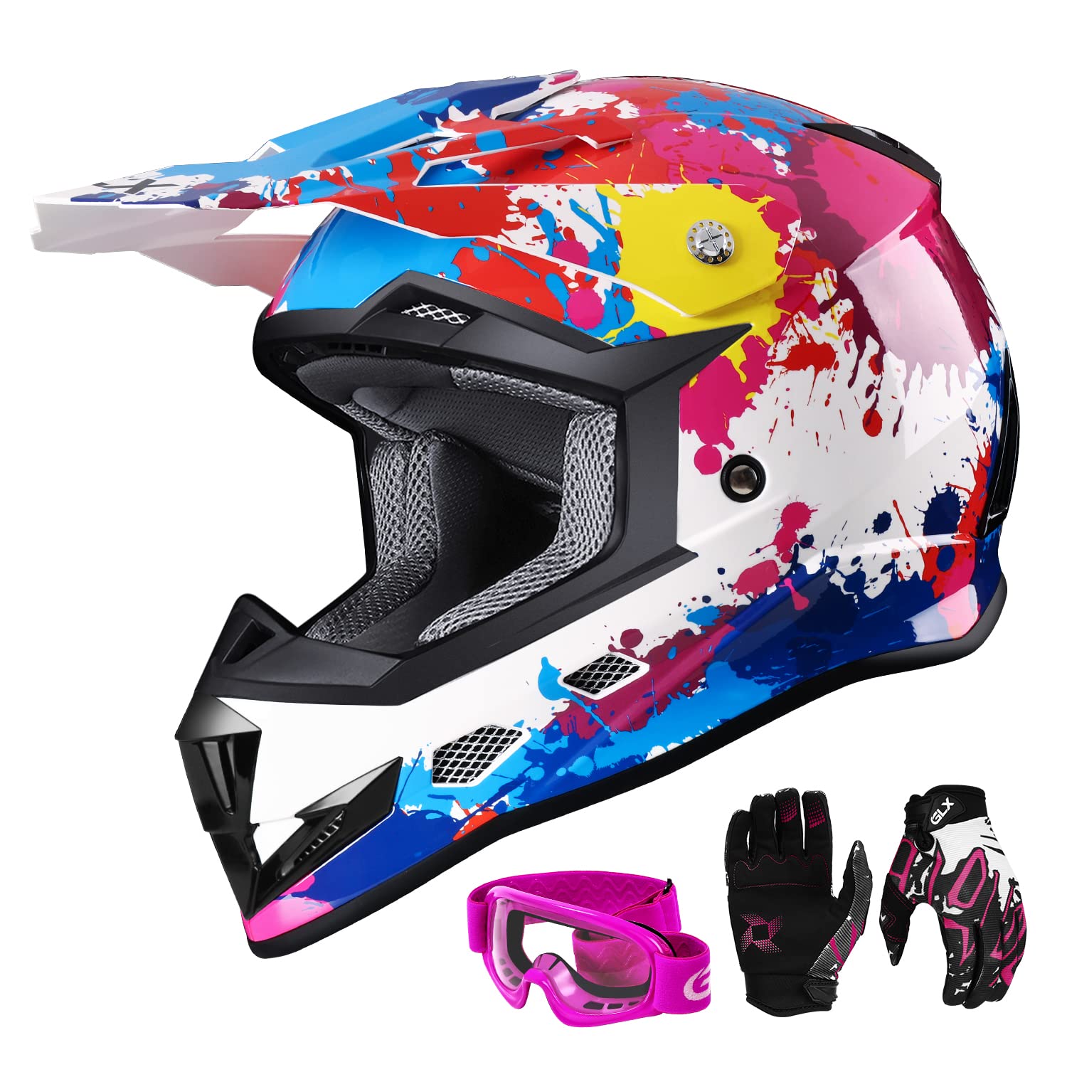 GLX GX623 DOT Kids Youth ATV Off-Road Dirt Bike Motocross MX Motorcycle Full Face Helmet Combo Gloves Goggles for Boys & Girls (Graffiti, X-Large)