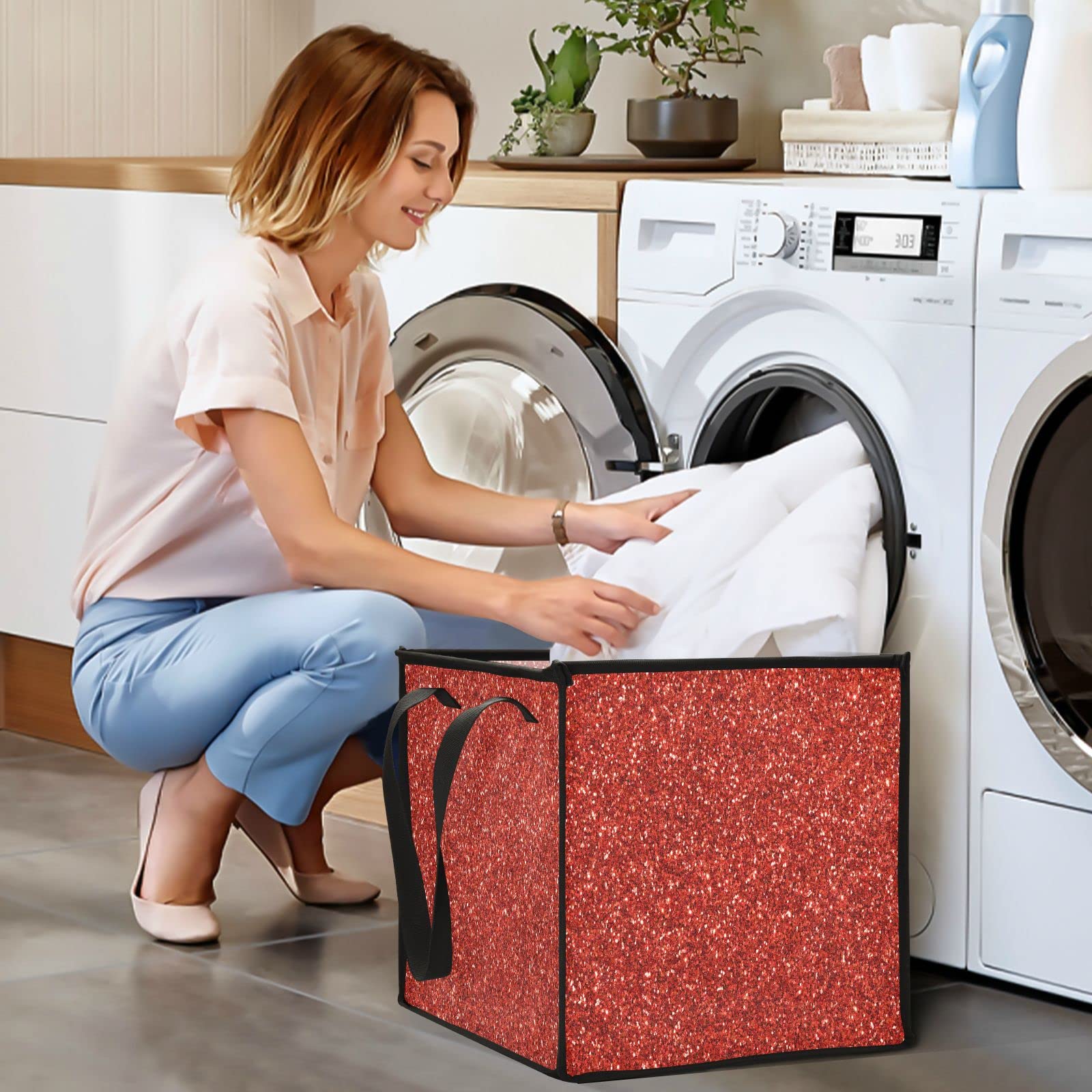 Blueangle Red Glitter Texture Cube Storage Bin with Handles, 13 x 13 x 13 in, Large Collapsible Organizer Storage Basket for Home Décor(477)