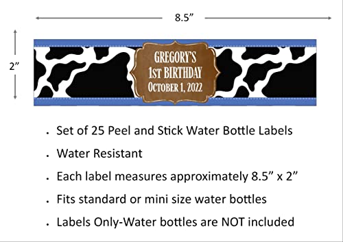 Cowhide Personalized Water Bottle Labels, Birthday Party Favors, Pack of 25, Waterproof, Peel and Stick Wrappers (Black)