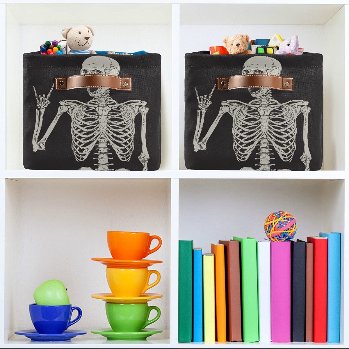 AUUXVA Human Skeleton Skull Storage Bins Basket, Day of The Dead Halloween Collapsible Storage Cube Rectangle Storage Box with Handles for Shelf Closet Nursery Bedroom Home Office 1 Pack