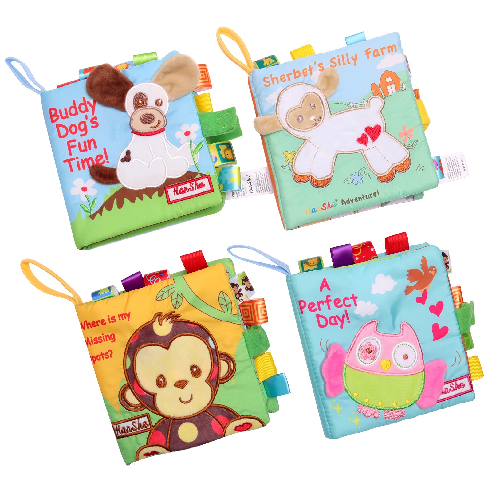 HanShe Baby Soft Book Cloth Book Set 4 PCS Crinkle Book High Contrast Baby Book 0-6 Months Educational Learning Toy for Infant Fabric Baby Activity Crinkle Book for Infants Toddler for Boy Girl Gifts