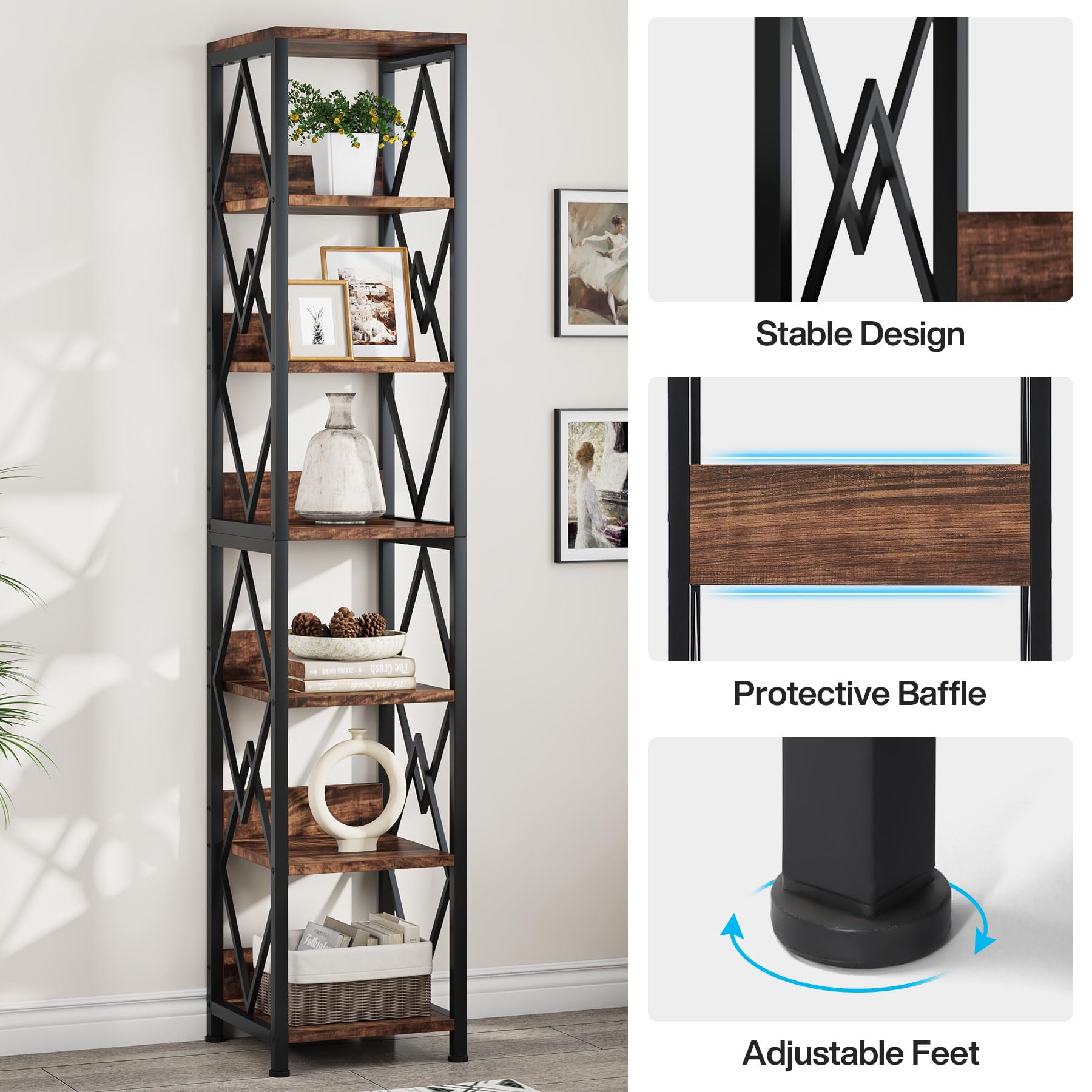 Tribesigns 6-Tier Bookshelf Storage Shelves: 75 Inches Tall Narrow Bookcase with Heavy Duty Metal Frame, Skinny Open Storage Display Rack for Living Room, Bedroom, Kitchen, Bathroom, Brown