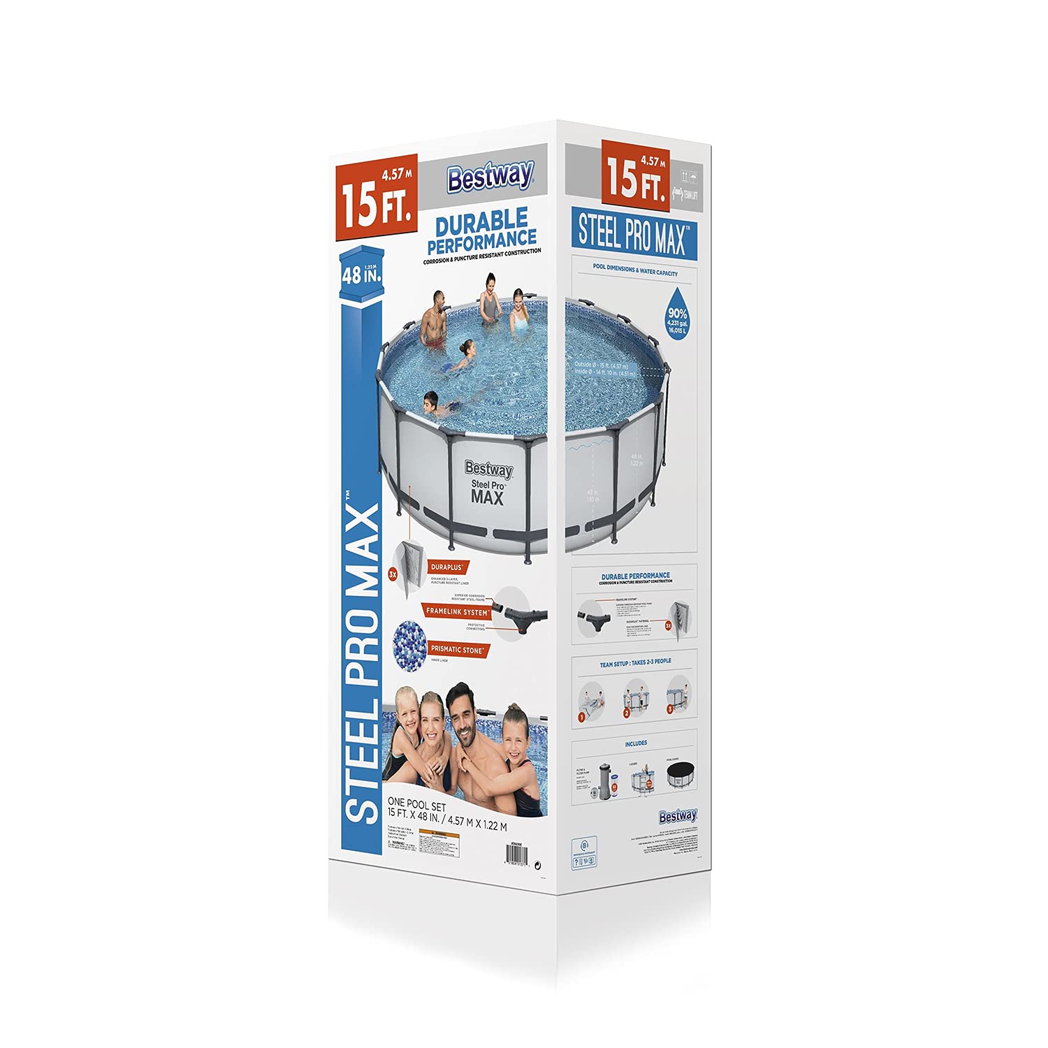 Bestway 56690E Steel Pro Max 15Ft x 15Ft x 48In Round Metal Frame above Ground Swimming Pool Set with 1000 GPH Pump, Ladder, Cover, and Solution Blend