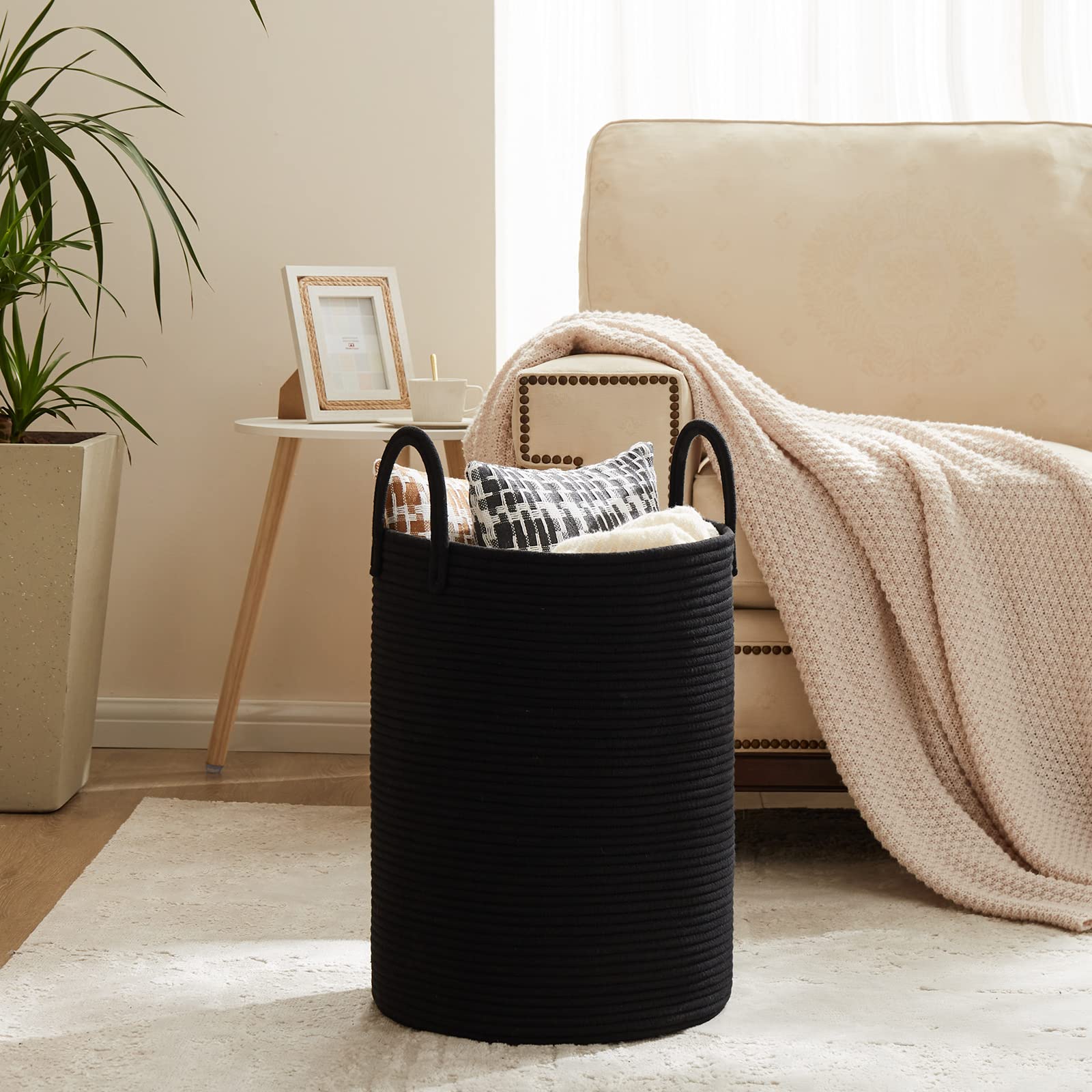Fiona's magic Woven Rope Laundry Basket, 58L Tall Laundry Hamper for Blanket Storage, Large Baby Nursery Basket for Laundry, Decorative Clothes Hamper for Bedroom, Living Room and Bathroom, Black