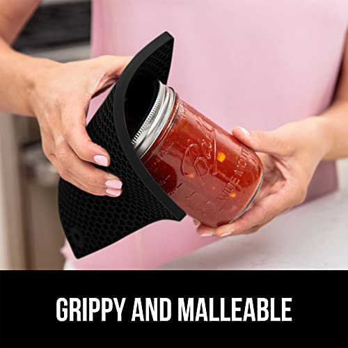 Gorilla Grip Heat and Slip Resistant Silicone Oven Mitt and Trivets Set, Waterproof, Cotton Lined Gloves, BPA-Free, Long Cooking Mitts and Trivet Mats, Kitchen Potholder Sets for Pans, 4 Pieces, Black