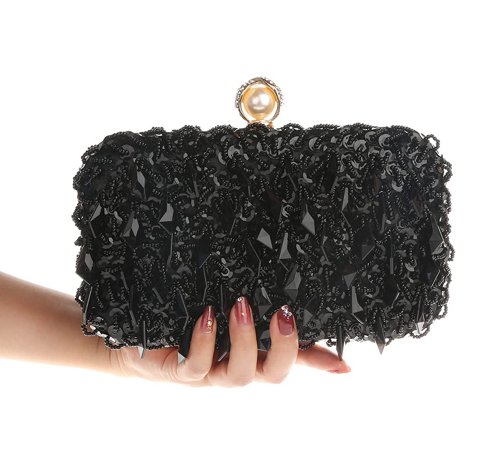 ASPHODELCHIC Women Sequins Rhinestone Evening Bag Beaded Crystal Bling Glitter Purse with Pearl Lock for Wedding Party (Black)
