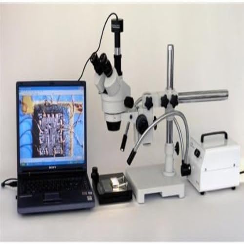 AmScope SM-3TZ Professional Trinocular Stereo Zoom Microscope, WH10x Eyepieces, 3.5X-90X Magnification, 0.7X-4.5X Zoom Objective, Ambient Lighting, Single-Arm Boom Stand, Includes 0.5X and 2.0X Barlow Lenses