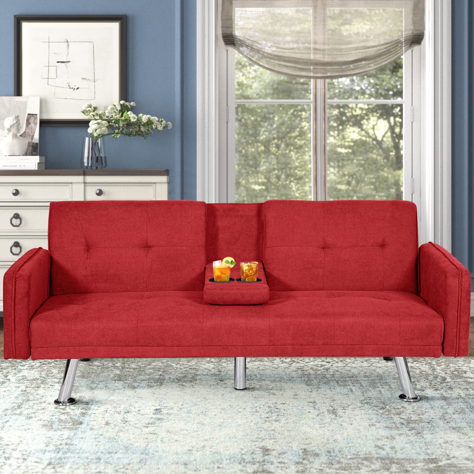 AWQM Futon Sofa Bed,Modern Upholstered Convertible Folding Sleeper Sofa,Recliner Futon Couch Bed with Armrests 2 Cup Holders,for Living Room,Apartment,72.4" L x 18.5" D x 29.9" H,Red