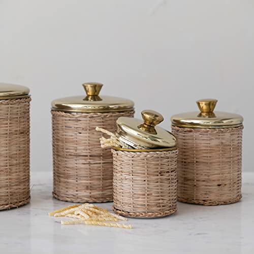Creative Co-Op Rattan Wrapped Stainless Steel Canisters, Set of 4, Brass Finish Food Storage, 6" L x 6" W x 9" H, Natural