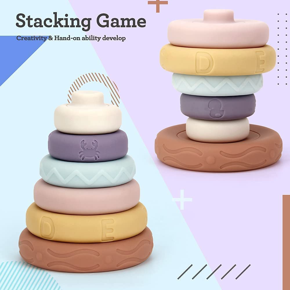 Mini Tudou Baby Blocks & Stacking Circles Toy Set, Baby Sensory Building & Teething Toys Educational Squeeze Play with Animals Shapes Textures Numbers, Best for Toddlers Babies 6m+