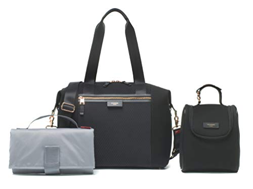 Stevie Luxe Scuba Black Modern Style Baby Diaper Bag by Storksak | Water-Resistant, Large Capacity Multi-Functional Bag with Smooth Leather Trim and Rose Gold Hardware | Shoulder and Stroller Straps