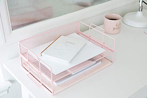 Blu Monaco Pink Desk Organizer Stackable Paper Tray Set of 2 - Metal Wire Two Tier Tray - Stackable Letter Tray - Inbox Tray for Desk