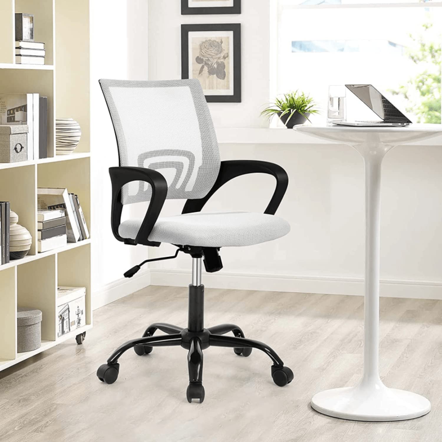 Ergonomic Office Chair Mesh Desk Chair, Computer Chair with Lumbar Support& Armrests, Adjustable Mid-Back Computer Desk Chair, Modern Executive Rolling Swivel for Women Adults, White