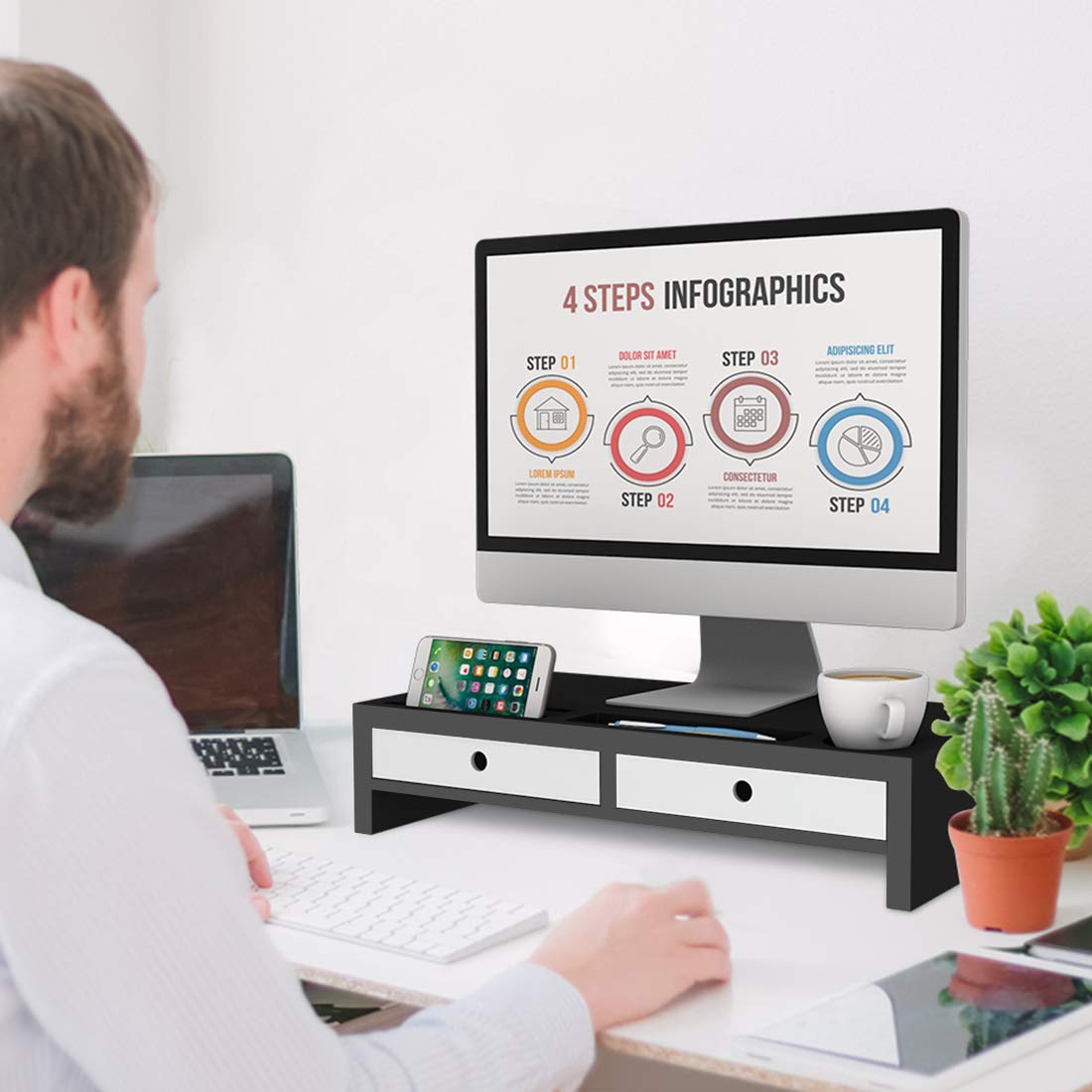 Bambloom Monitor Stand Riser with Drawer - Desk Shelf Organizer Keyboard Storage Black 22" x 10.6" x 4.7"