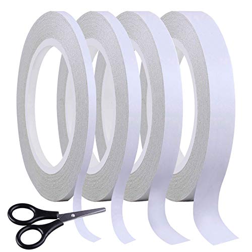 SIQUK 4 Rolls Double Sided Tape Strong Adhesive Sewing Tape with 1pc Mini Scissor for Craft Class Office, 39.4 Yards Each Roll (Width: 6mm/ 9mm/ 12mm/ 15mm)