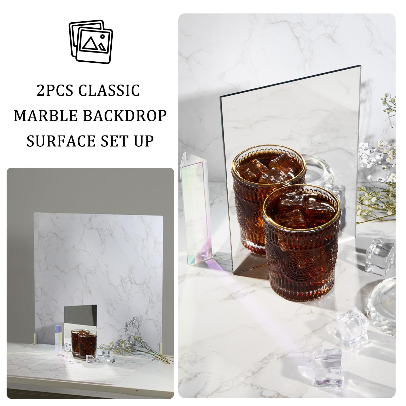BEIYANG Food Photography Backdrops 24x24 inch Marble Photo Backdrop Boards 3PCS White Photography Backdrop Boards with 3 Bracket Kits Soild Board Waterproof Backdrop for Food Photography