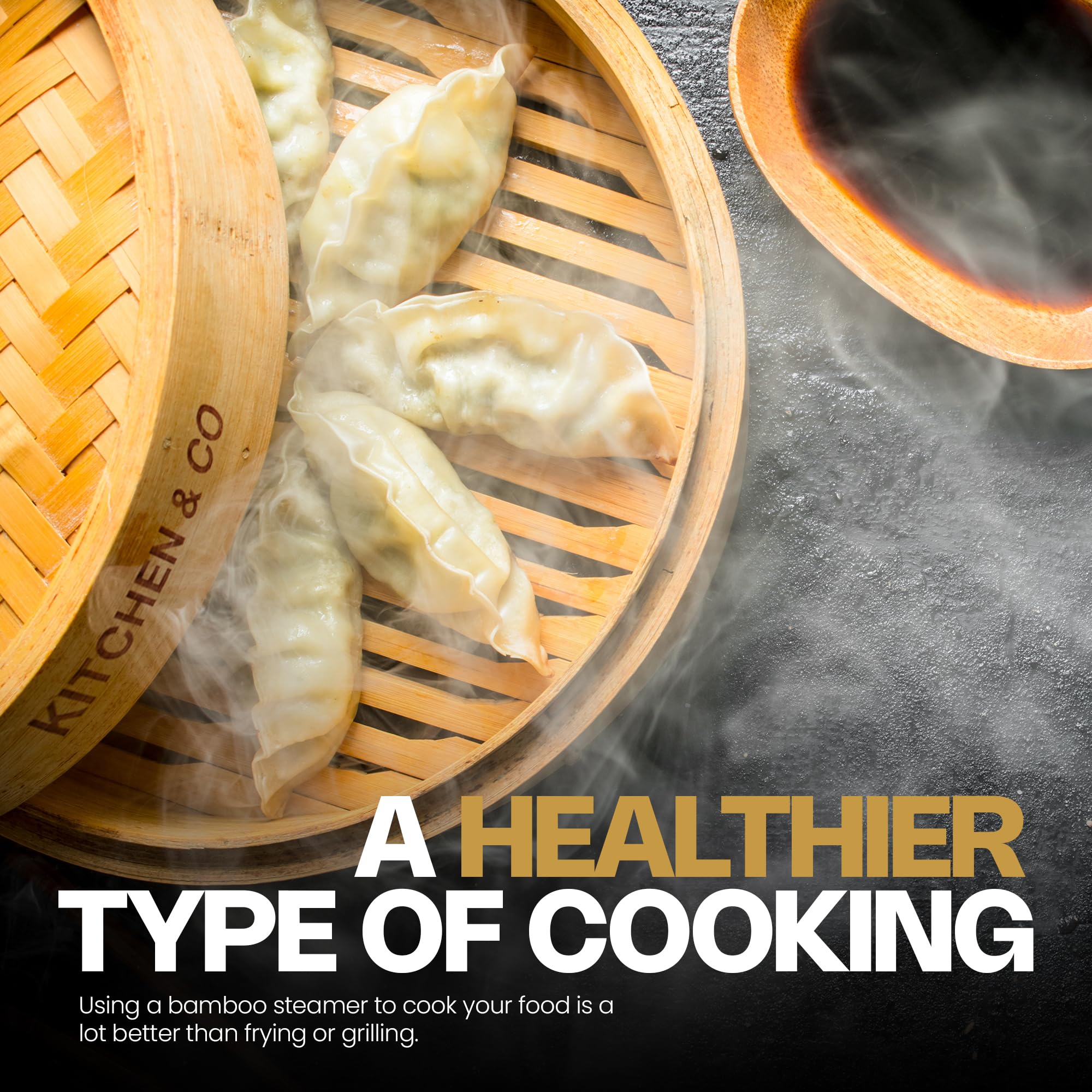 KITCHEN & CO 10-inch Dumpling Bamboo Steamer- Complete Set of 2 Tier Bamboo Steamer Basket 2 Chopsticks, 1 Rolling Pin, Ceramic Dish & More-Bringing Tradition to Your Table, One Steamed Dish at a Time
