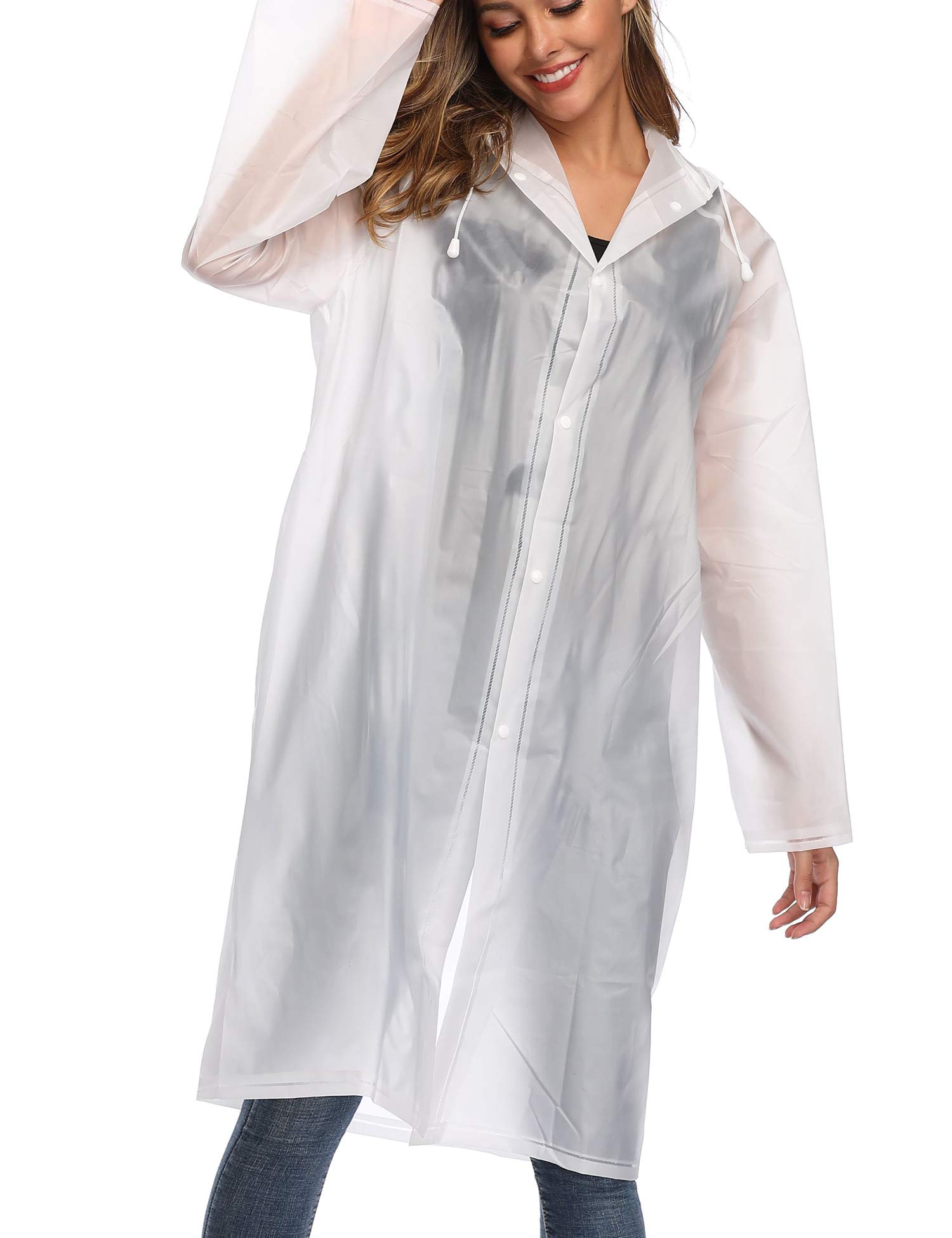 Besshopie Rain Poncho for Adults, Reusable Raincoat Emergency Rain Gear with Hoods and Sleeves White M