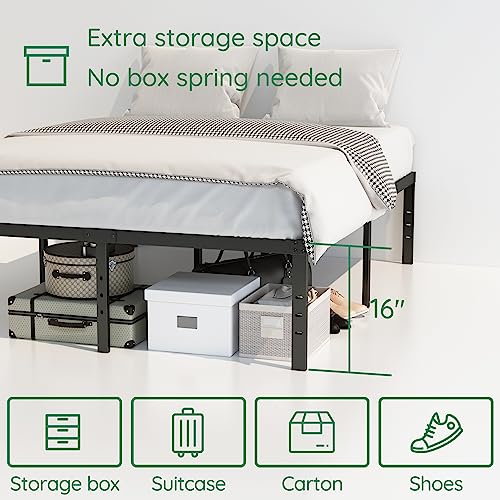 DiaOutro 16 Inch Queen Bed Frame Heavy Duty Metal Platform No Box Spring Needed, Maximum Storage, Easy to Assembly, Noise Free, Black