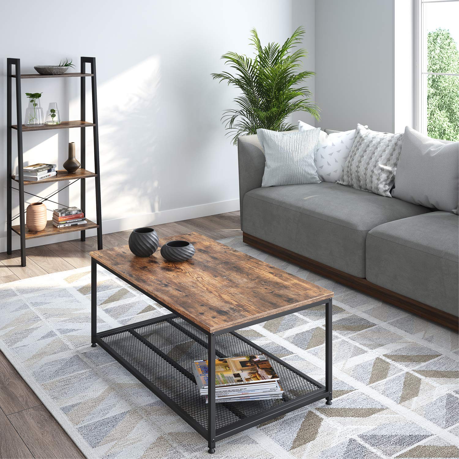 Ballucci Modern Coffee Table with Storage Shelf, Large 2-Tier 41.75" Living Room Center Table with Metal Frame and Wood Accent Furniture - Rustic Brown