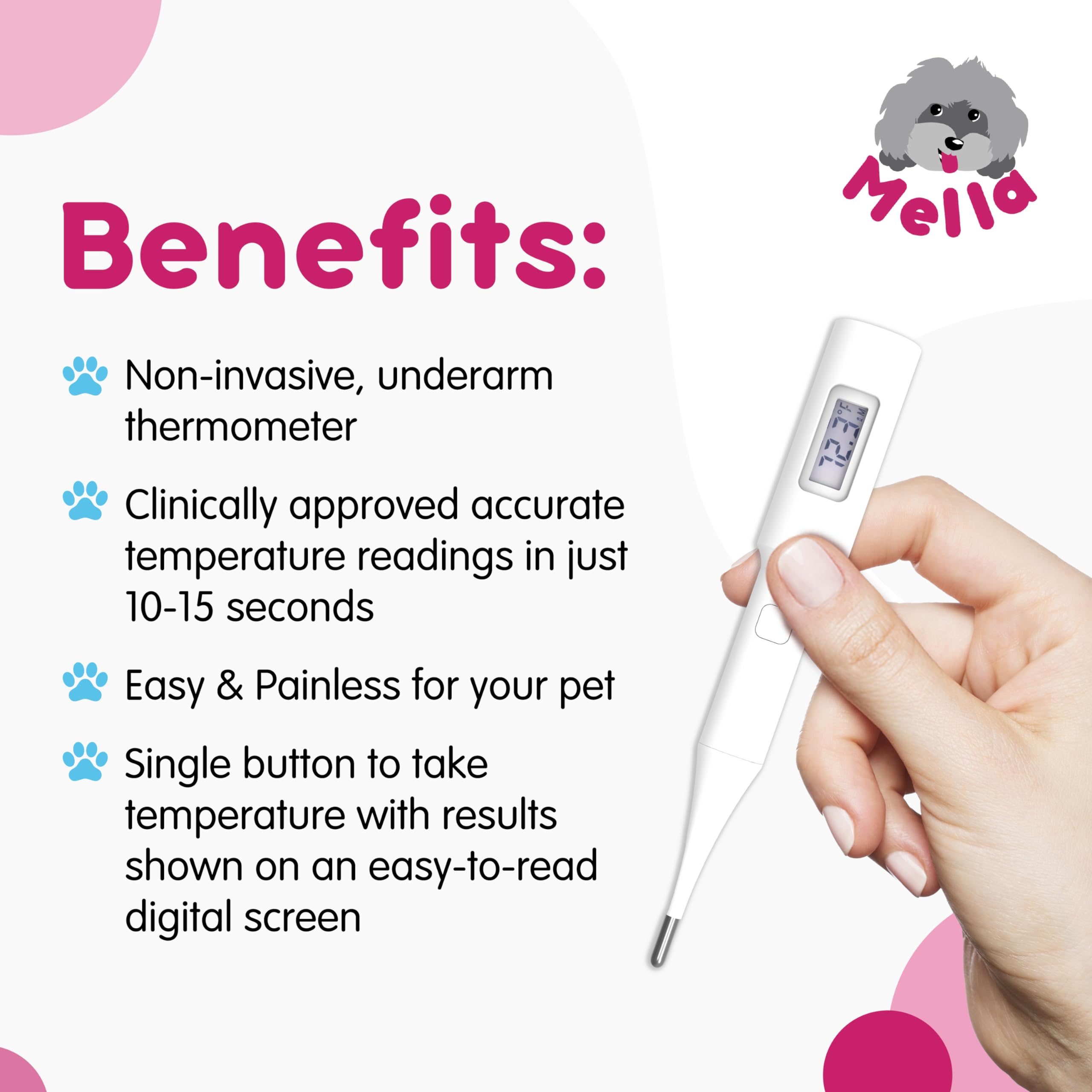 Mella Pet Thermometer - Non-Invasive - Underarm Fever Detection for Dog & Cat - Puppy Essentials and Pet Supplies