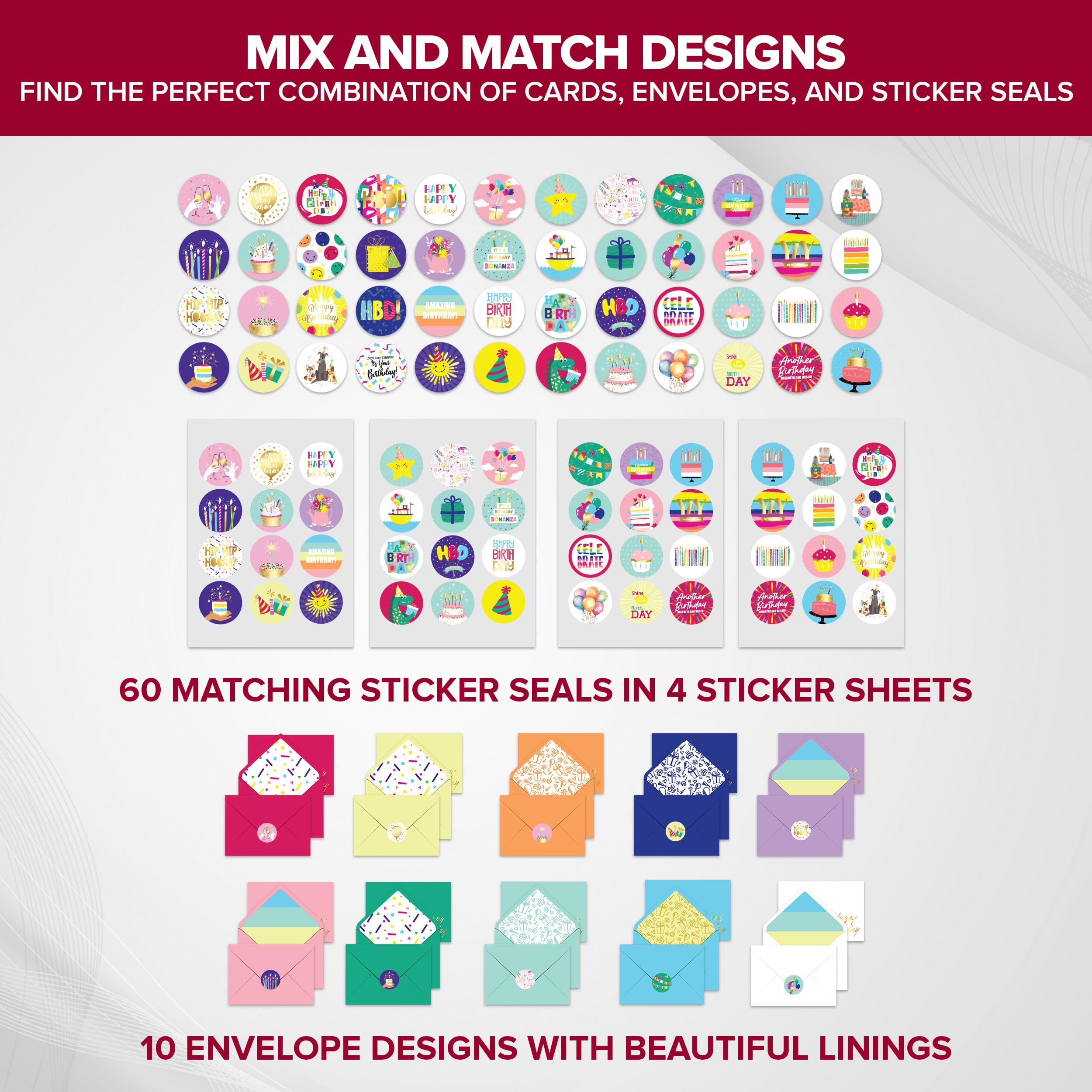 Decorably 50 Pack Foiled & Glittery Assorted Birthday Cards with Envelopes & Stickers - 50 Unique Designs Bulk Birthday Cards Bulk with Message Inside, 6x4in Bulk Birthday Cards with Envelopes
