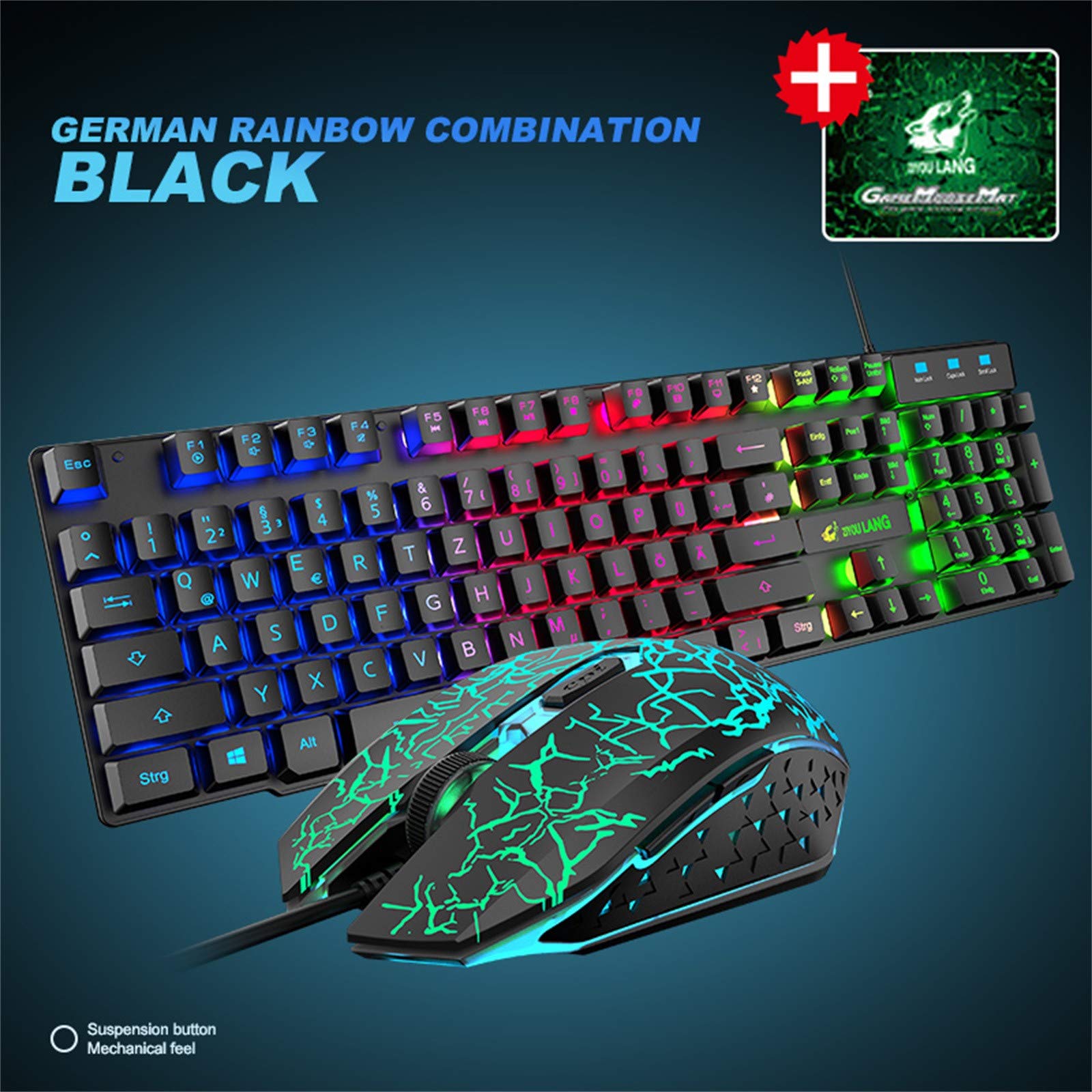 Charella #F5h785 T13 Rainbow Backlight USB Ergonomic Gaming Keyboard and Mouse Set for Pc Laptop
