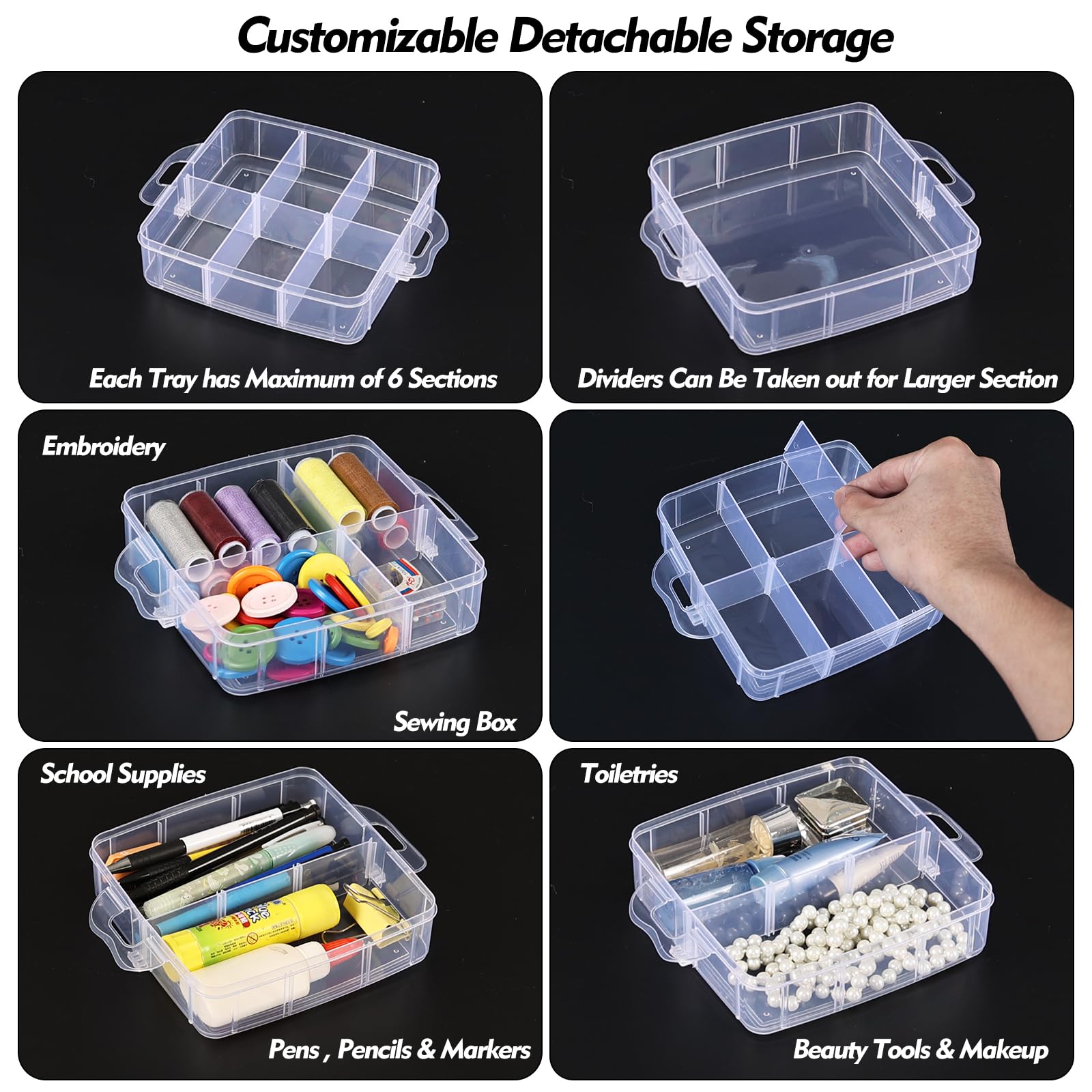 Bringer 3-Tier Small Clear Stackable Storage Container Box with Dividers-18 Compartments, Plastic Craft Storage Organizer Box, 2-Pack
