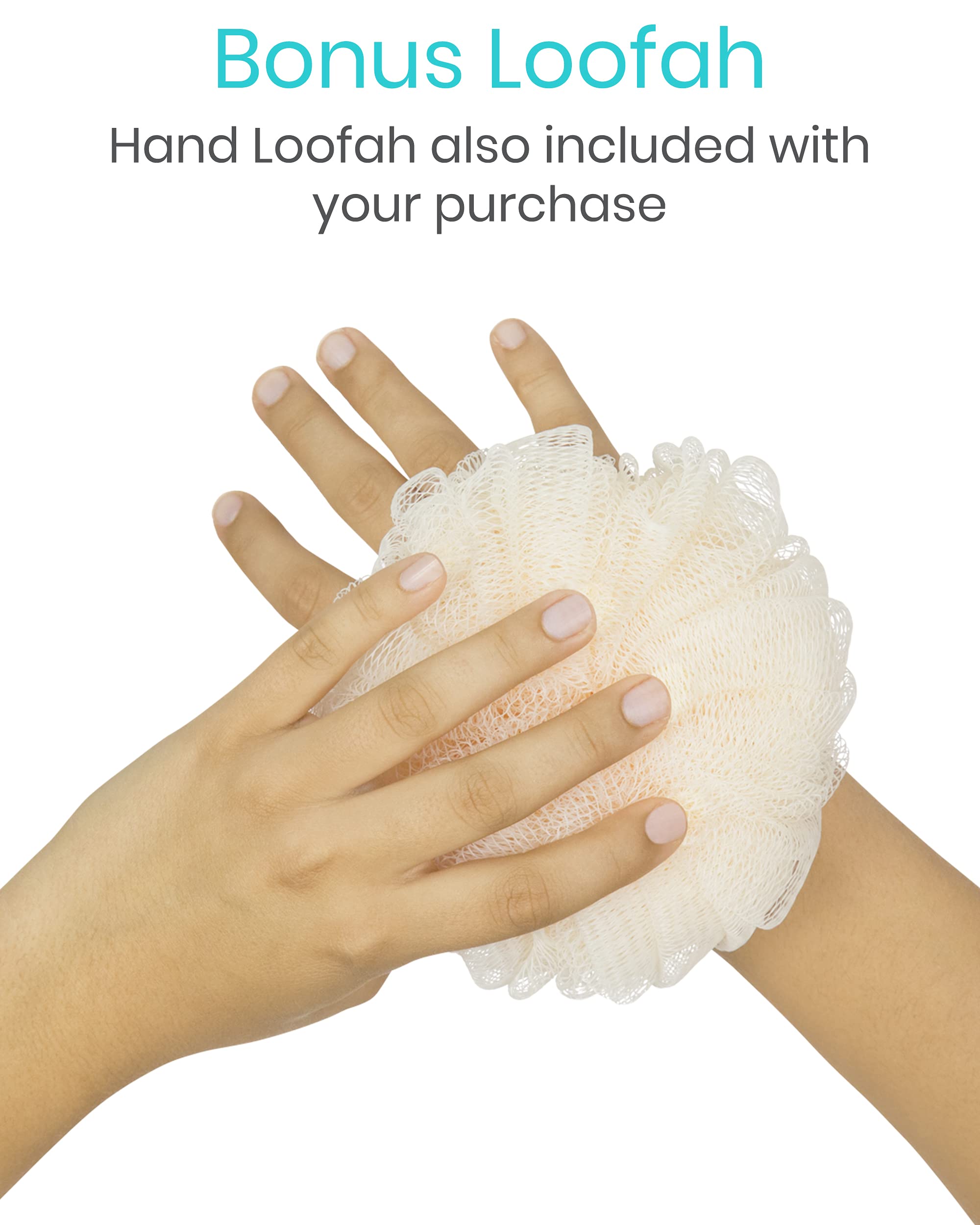 Vive 17” Shower Loofah with Long Handle - Exfoliating Back & Body Scrubber for Men & Women - Luffa Sponge on a Stick for Bathing, Cleaning - Includes Extra Handheld Lufa, Hook & String to Hang on Wall