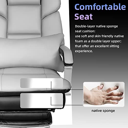 SeekFancy Reclining Office Chair with Footrest, Big and Tall Office Chair 500lbs Wide Seat with 170°Backrest, High Back Leather Managerial Chair Lumbar Support,Grey Executive Office Chair Set of 8