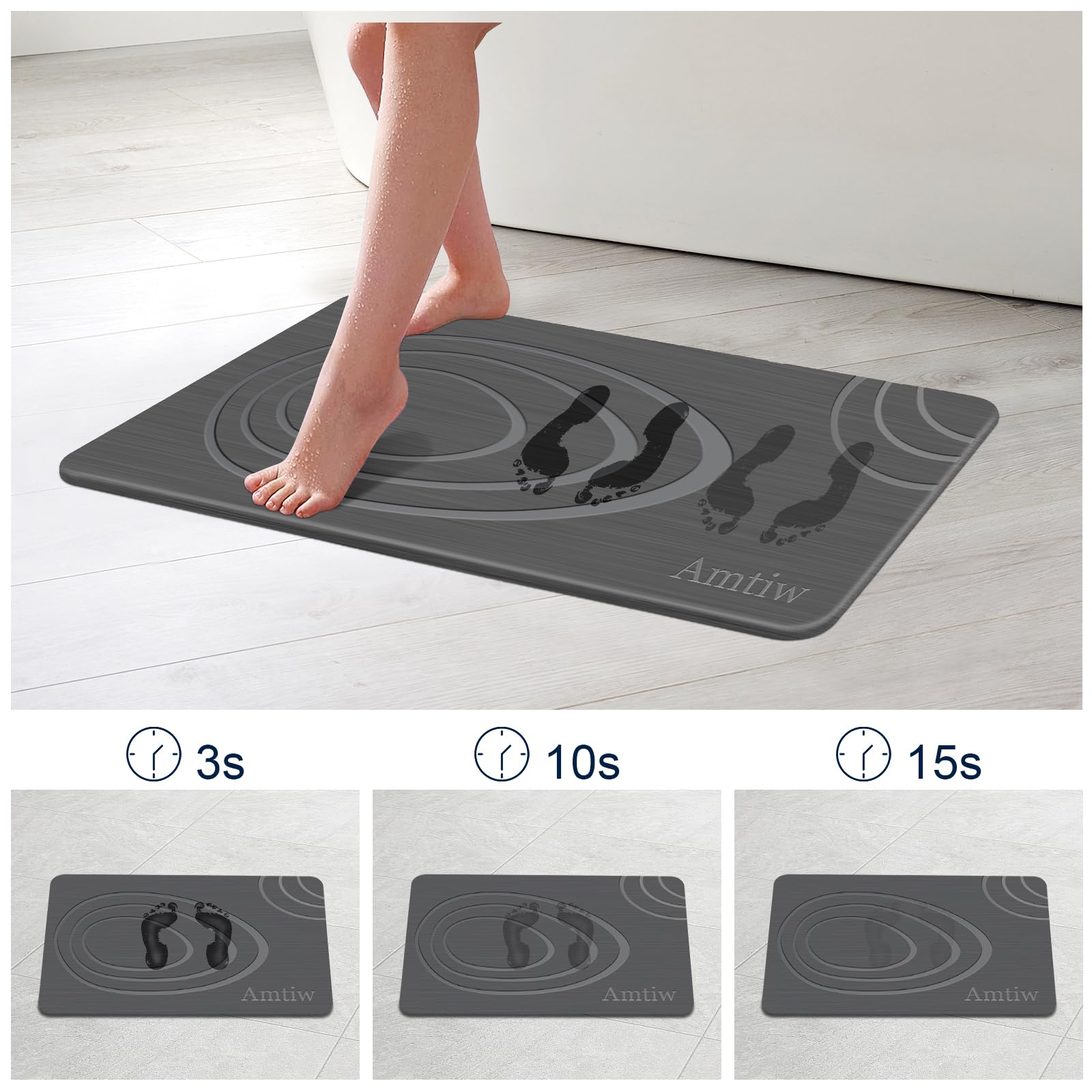 Amtiw Stone Bath Mat, Diatomaceous Earth Shower Mat, Non-Slip Super Absorbent Quick Drying Bathroom Mats, Suitable for Bathroom, Kitchen, Counter Bath Mat, Easy to Clean (23.6" X 15.4")
