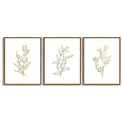 Creoate Framed Canvas Wall Art, Botanical Wall Art Print, Leaf Plant Poster Art Print Set of 3 Minimalist Leaves Canvas Wall Decor for Living Room, 12x16 Inch
