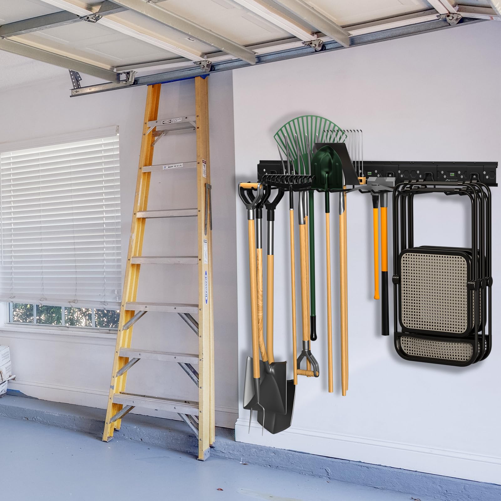 Nidouillet Garage Storage Organization Wall Mount with Bubble Level, 3 PCS Garden Tool Organizer Adjustable Garage Tool Organizer, Folding Chair Hangers with 2 Hooks 16" Tracks Max 350lb