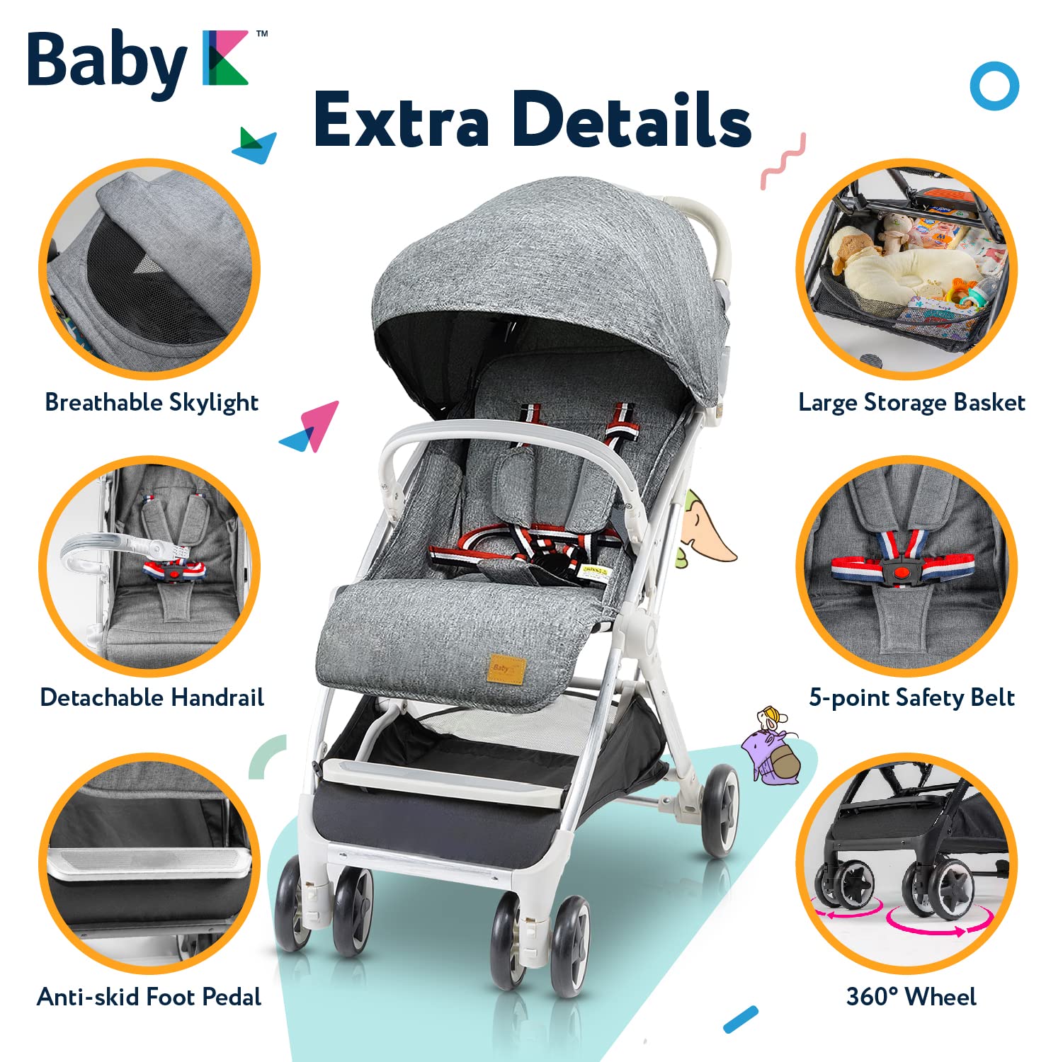 BABY K Lightweight Travel Stroller - Includes Travel Storage Pouch - A Collapsible Airplane Stroller with Adjustable Reclining Backrest & Easy One-Hand Fold for Infant & Toddler of 3-36 Months