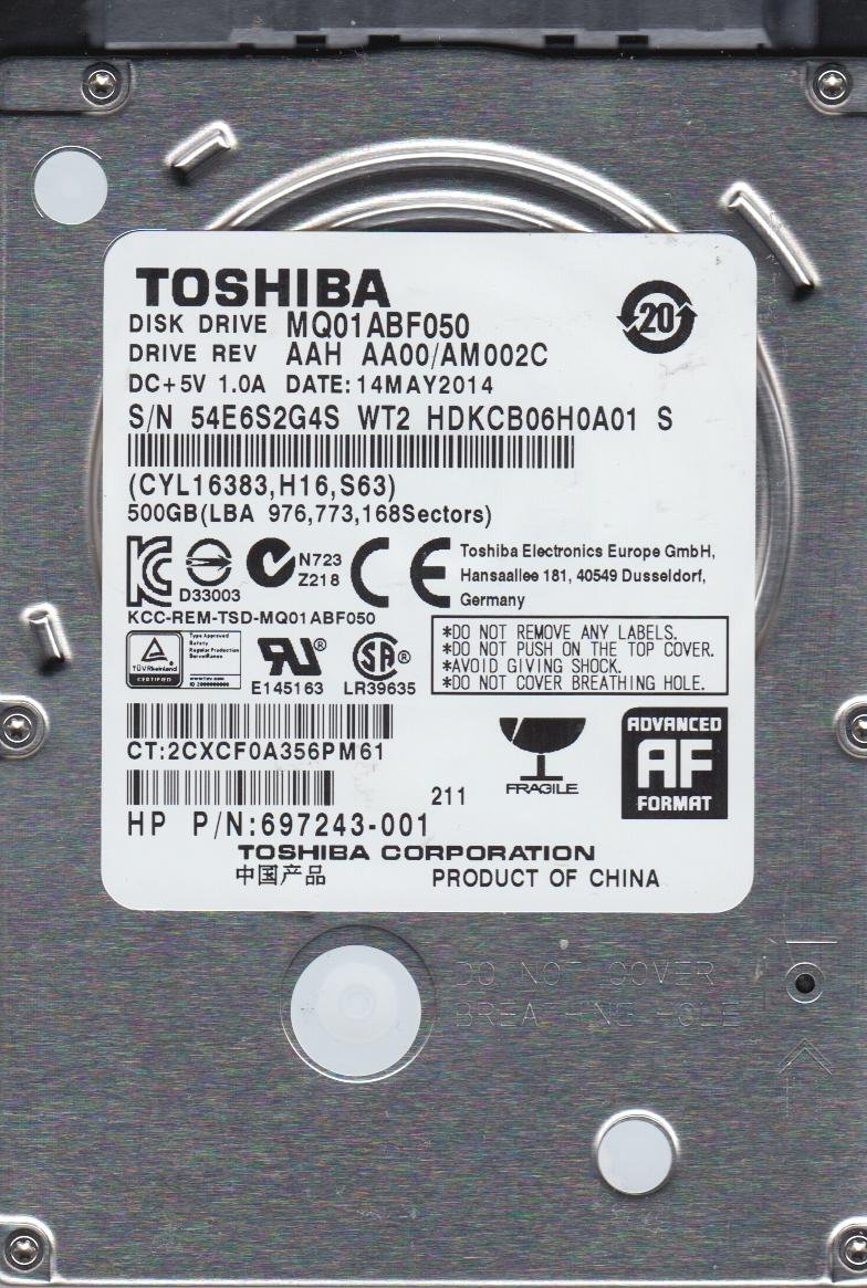 MQ01ABF050, AA00/AM002C, HDKCB06H0A01 S, Toshiba 500GB SATA 2.5 Hard Drive