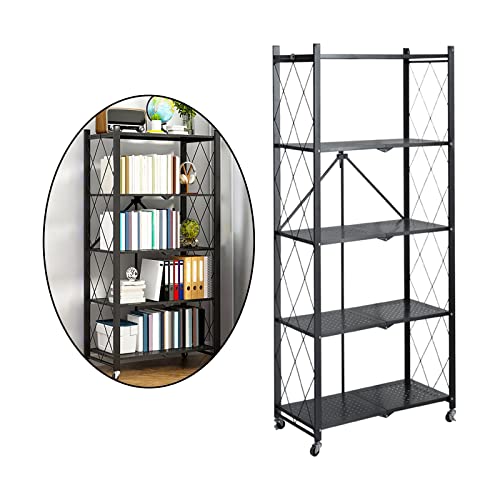 Colcolo Foldable Bookshelf Book Shelves Storage Shelves Rolling Storage Organizer for Home , Five Tier Black