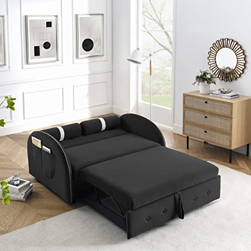 Caroun 55.5" Pull Out Sofa Bed 2 Seater Loveseats Sleeper Sofa with Side Pockets Adjsutable Backrest and Lumbar Pillows for Apartment Office Living Room (Black 2)