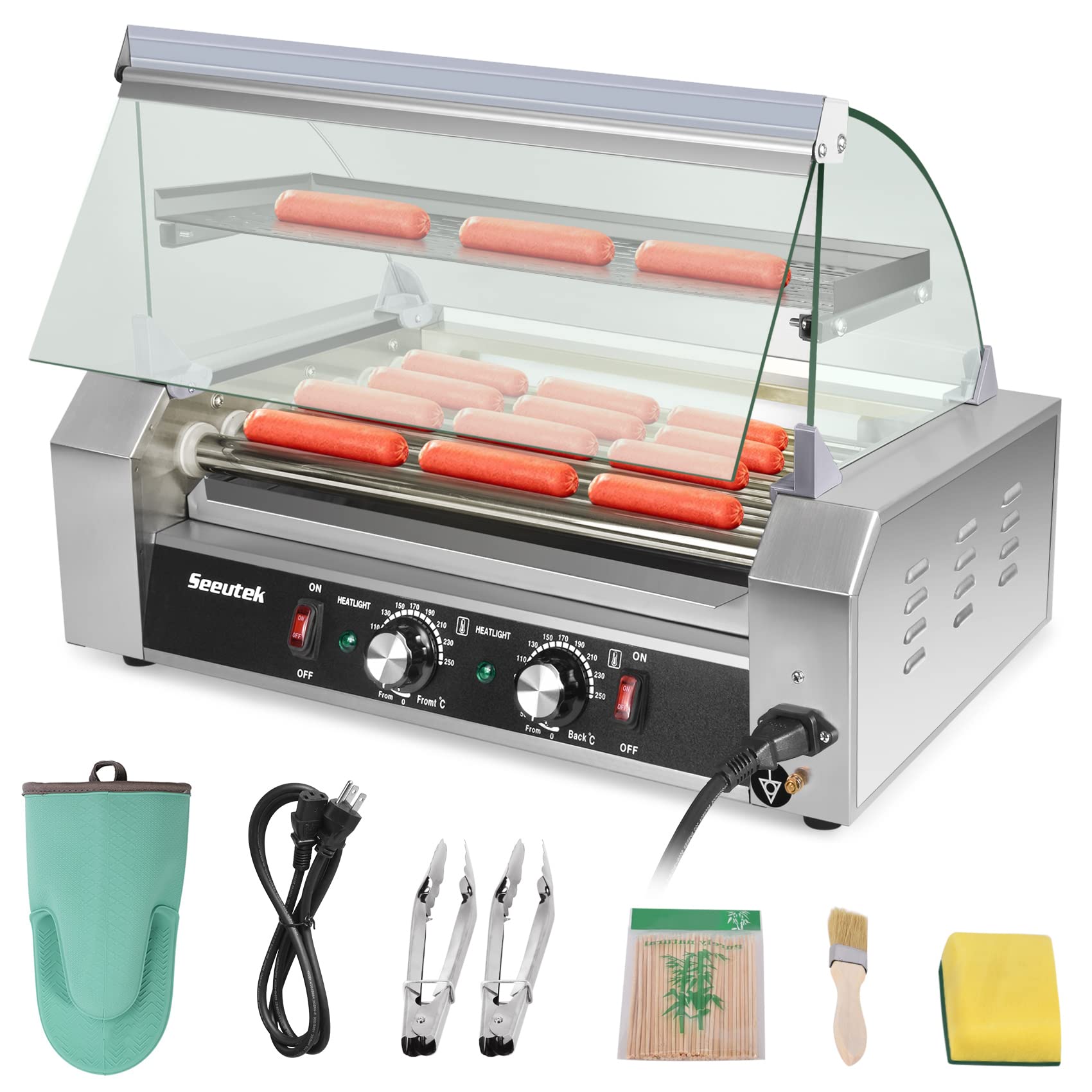 Seeutek Hot Dog Roller 7 Rollers 24 Hot Dogs Capacity 1100W Stainless Hot Dog Toaster With LED Light, Hot Dog Machine W/Dual Temp Control Glass Hood Acrylic Cover Warmer Shelf Removable Oil Drip Tray