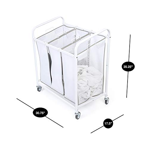 Smart Design Premium Rolling 3 Compartment Mesh Laundry Sorter Hamper w/Wheels & Handles - Steel Metal Frame - VentilAir Fabric Design - Clothes & Laundry - Home Organization (Holds 9 Loads) [White]