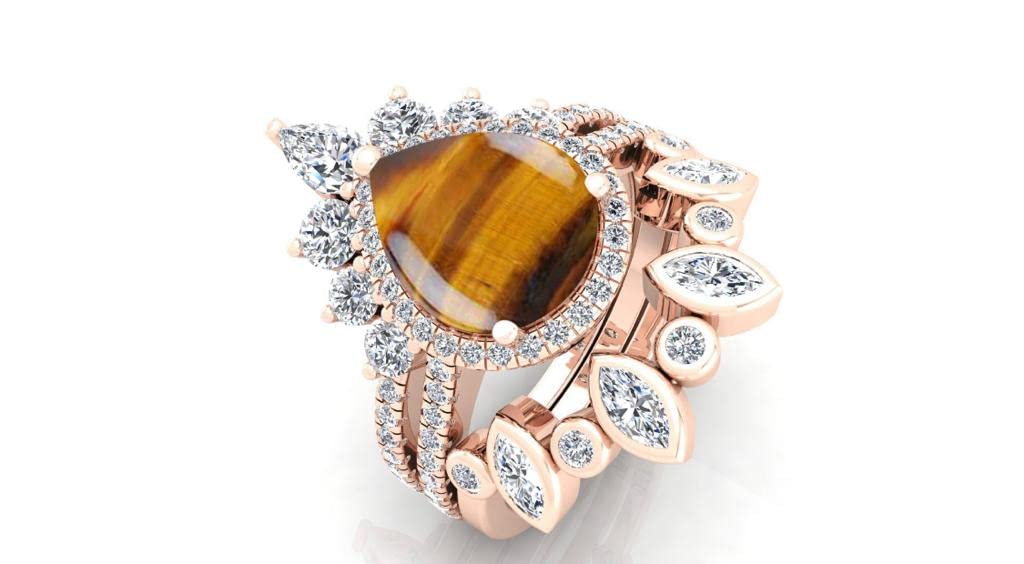 Beautiful Natural Cabochon Tiger's Eye Engagement Ring Set, Antique 3Pcs Wedding Ring Set For Bride, Vintage Halo Ring Set,Gift For Birthday (ROSE GOLD, 7)