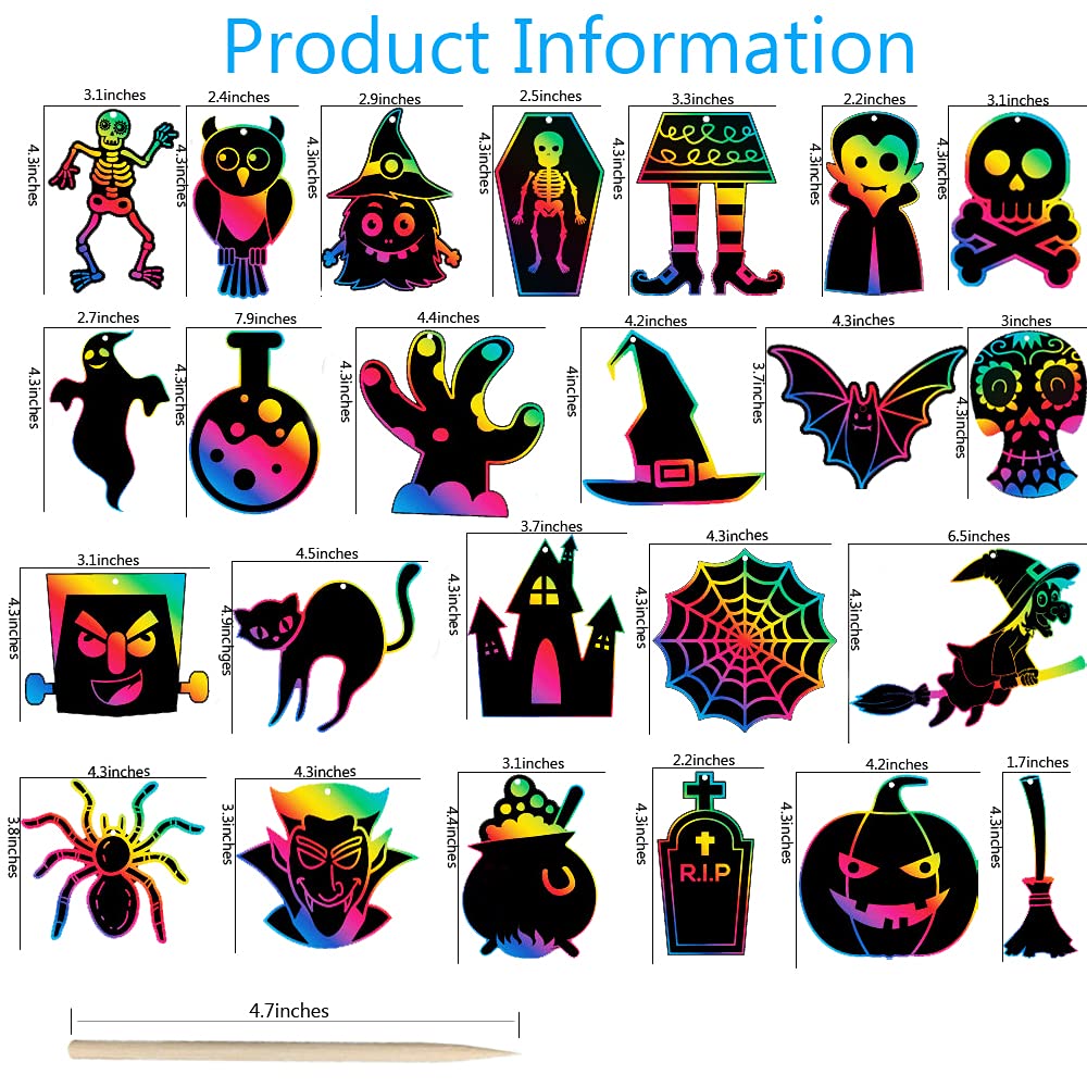 Mocossmy Halloween Magic Scratch Cards,24PCS Skeleton Spider Witch Pumpkin Rainbow Scratch Paper Scratch Art Crafts & Scratch Sticks & Ribbons Set for Kids St Patrick's Day Party Favor Supplies Games