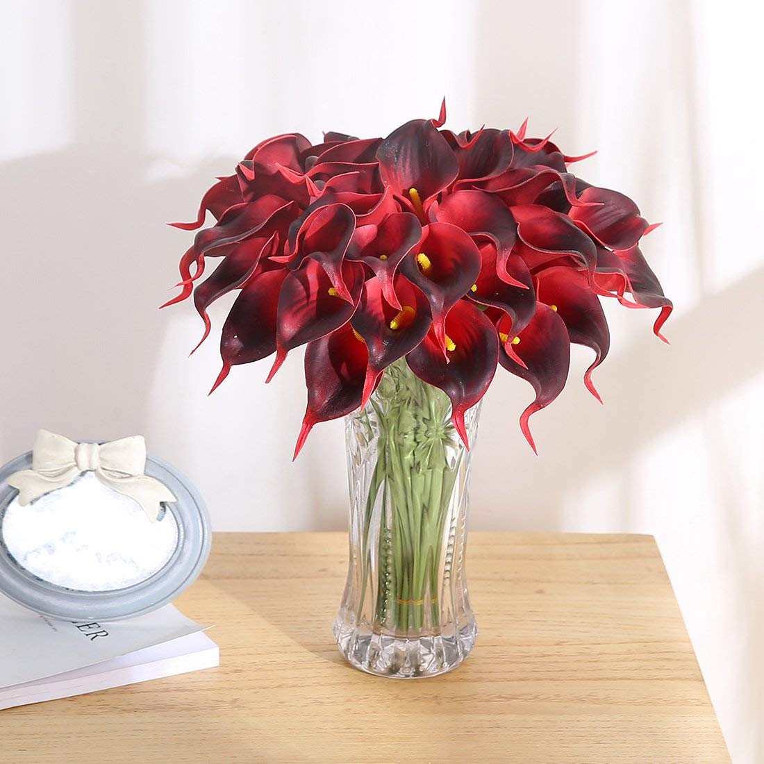 JUSTOYOU 20pcs Artificial Calla Lily 13" Fake White Flowers Wedding Bouquet Real Touch Latex Flower for Bride Wedding Home Decor (Dark Red)