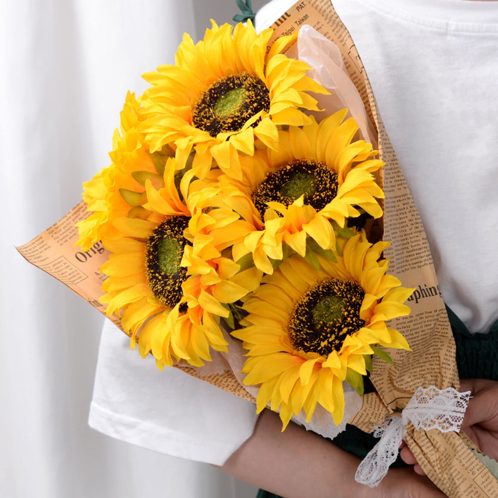MIZZLES 6pcs Artificial Sunflowers, Long Single Stem Realistic Silk Fake Sunflower Decoration for Home Hotel Office Wedding Party Garden