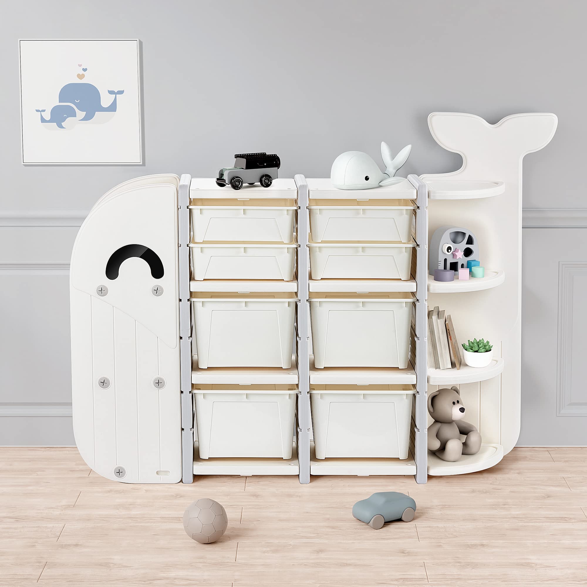 DUKE BABY Kids Large 4 Layer Toy Storage Organizer with 8 Pull-out Storage Bins, Display Bookshelves, Multipurpose Toy Cabinets for Kids Playrooms Bedrooms Age 1-12, Whale Collection White Grey