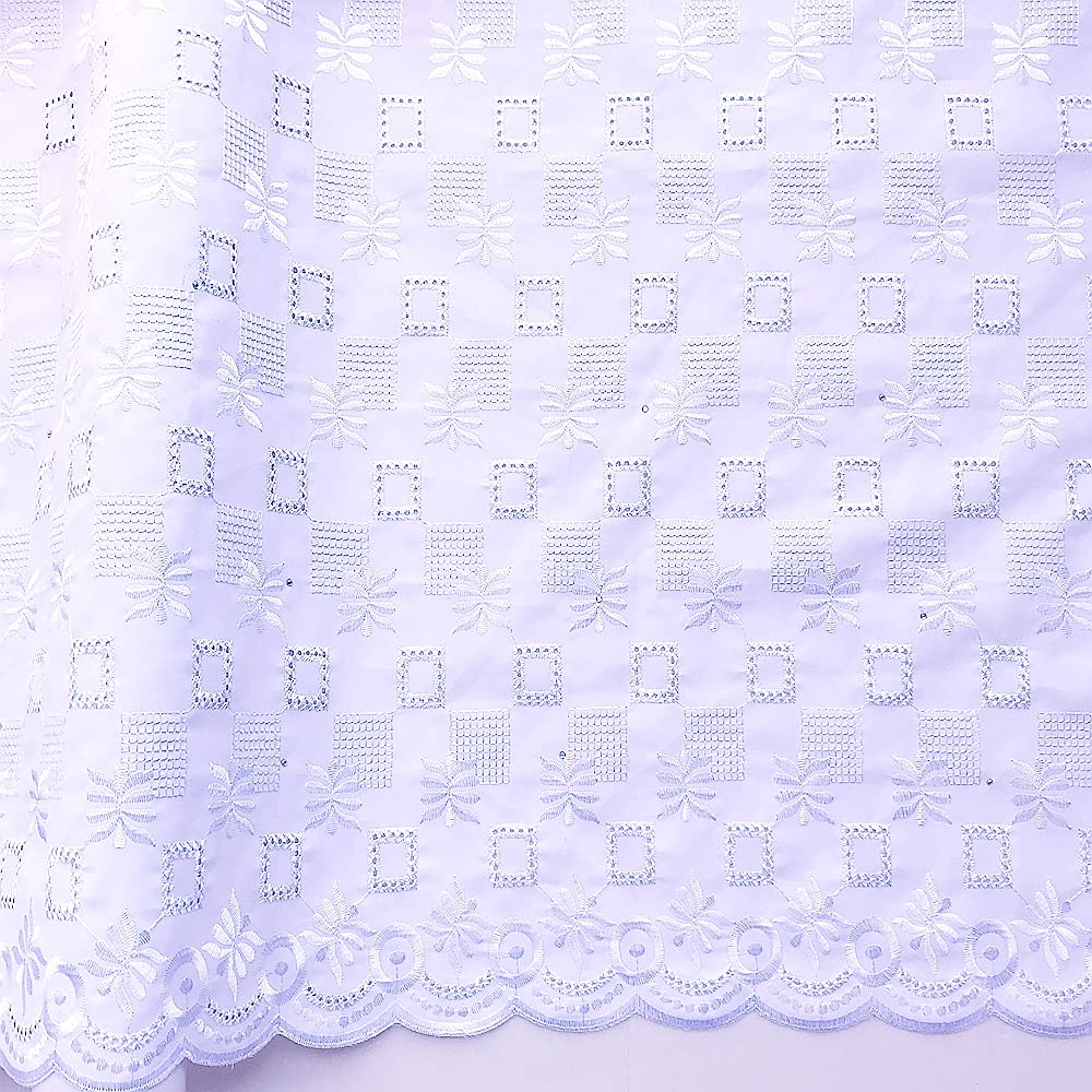 Cotton Swiss Voile Lace Fabric 5 Yards White African Dry Lace Fabric Nigerian Lace Fabric Dubai Embroidery Lace Fabric with Stones(White BB52)