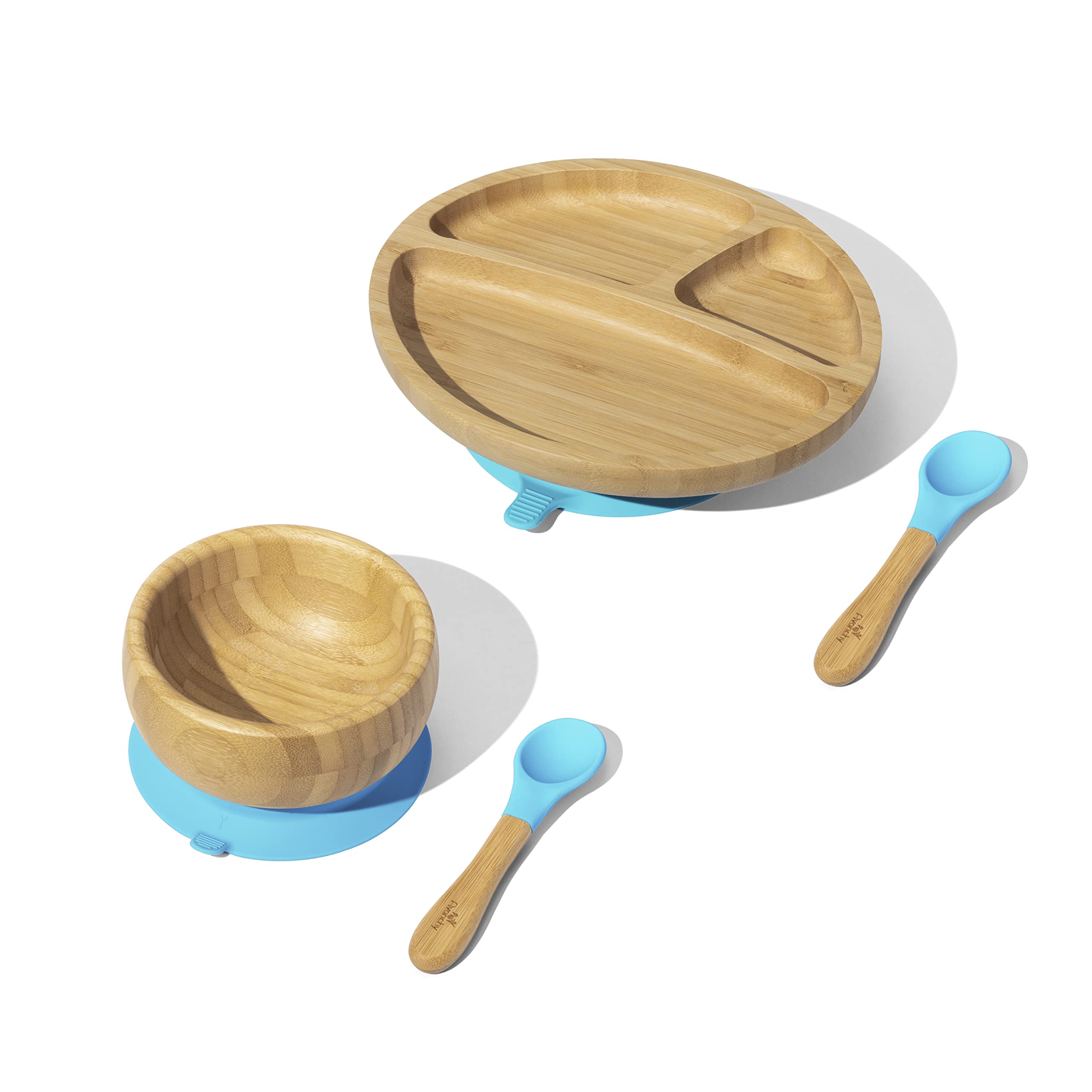 Avanchy Toddler Baby Feeding Suction Plate, Bowl, Spoons Set, Soft Tip Silicone Spoon Babies Set, Divided Bamboo Stay Put Plates, Fits Most Eating Highchairs, Blue