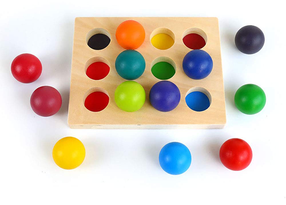 moderngenic [Upgraded to 2"] Rainbow Wooden Balls with Tray, 12 Piece Sorting and Matching Educational Learning Montessori Toy for Toddlers, Bigger Balls for Safety