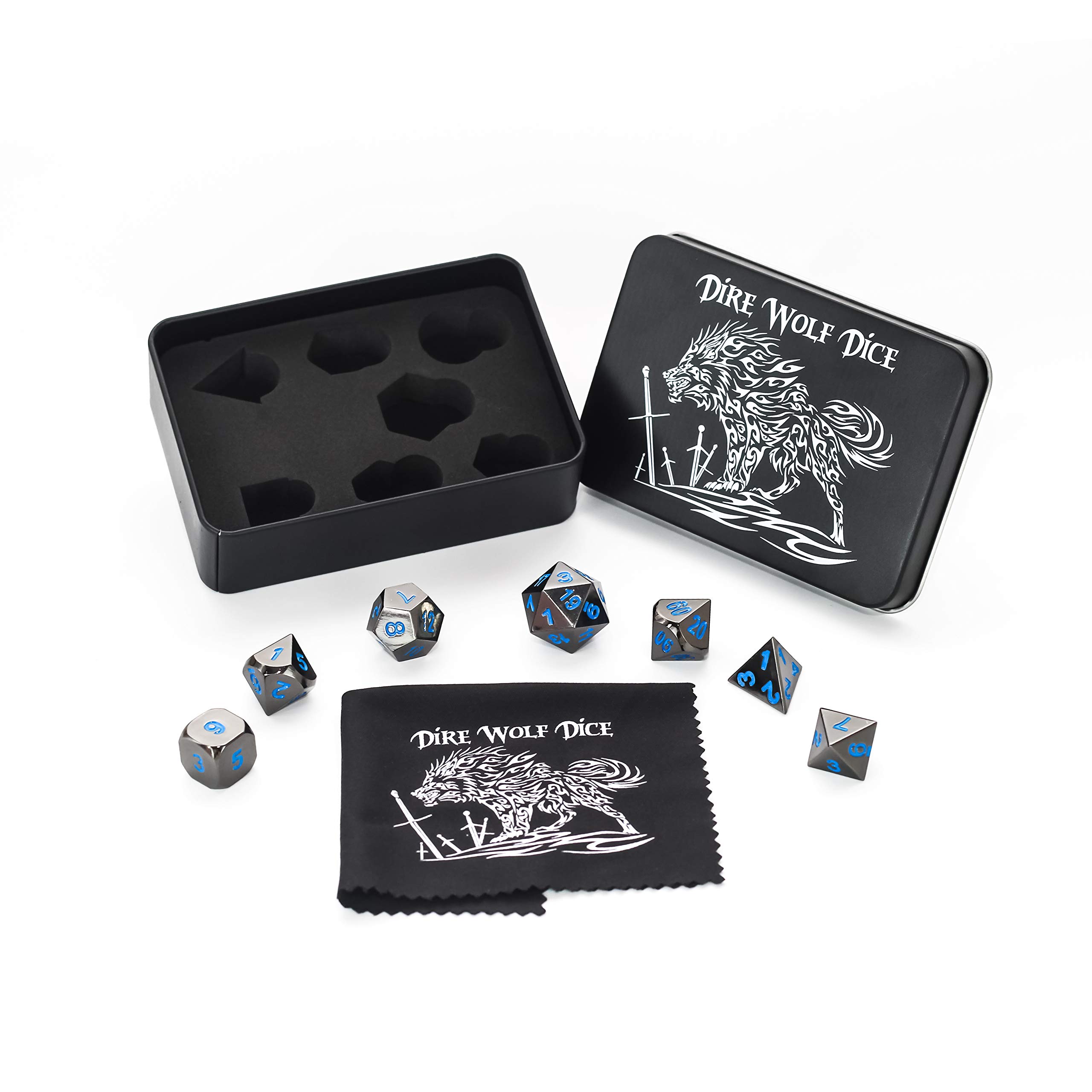 Dice Tin and Polishing Cloth / Dice Mat for Metal Polyhedral DND Dice Set (Dire Wolf), Gift Case for Role Playing RPG Like Dungeons and Dragons D&D, Pathfinder, Magic The Gathering MTG Games Sets